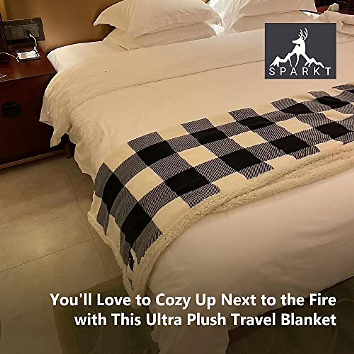 Sparkt Ultimate Travel Blanket Black and White Reversible Plush Flannel Fleece, Buffalo Check Plaid Durable Warm and Cozy Camping Throw (80X60)