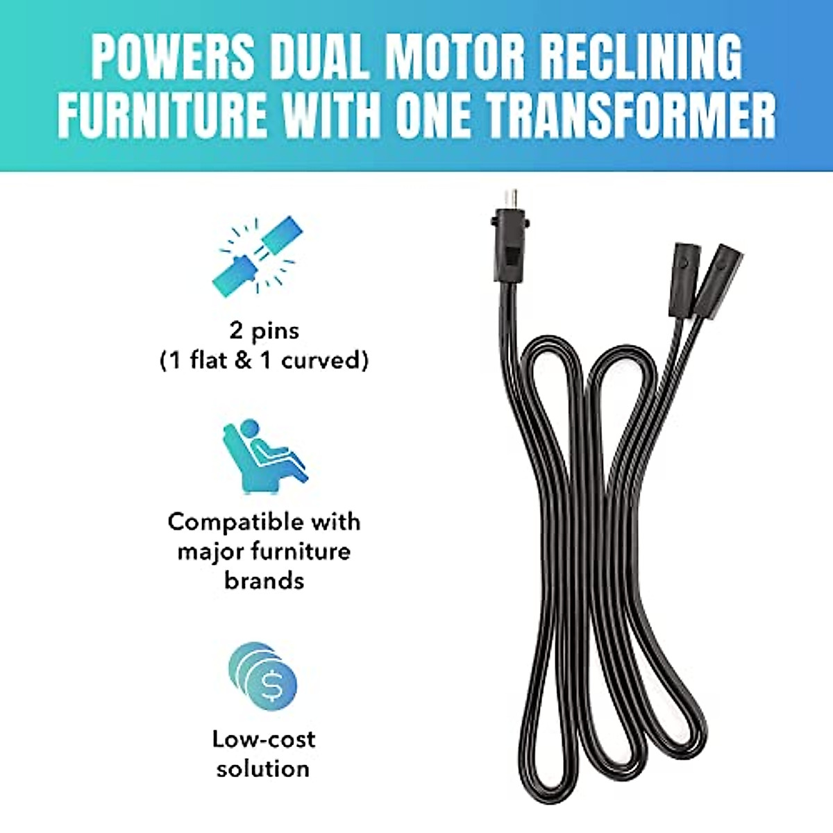 Dual Motor Power Supply Kit - Universally Compatible Power Supply for Electric Reclining Furniture - with Y Splitter Extension Cord & 2-Pin Connector - 29V 2A Adapter for Loveseats, Chairs and Sofas