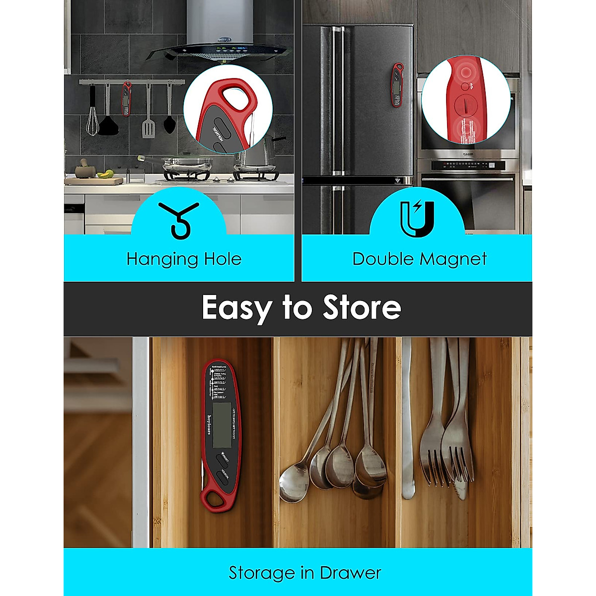 hoyiours Digital Meat Thermometer, Waterproof Instant Read Food Thermometer for Cooking with Foldable Probe, Backlight and Magnet, Kitchen Thermometer for BBQ, Roast Turkey, Grill, Baking