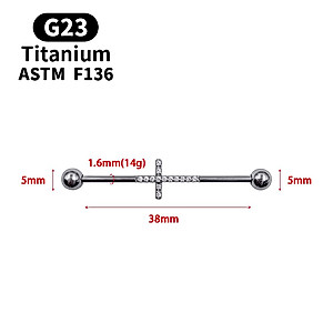 ZQGOFPT 14G Grade 23 Titanium Industrial Barbell Piercing Jewelry for Women Men with CZ Cross Surface Cartilage Earring Body Piercing Jewelry 1 1/2 Inch 38mm