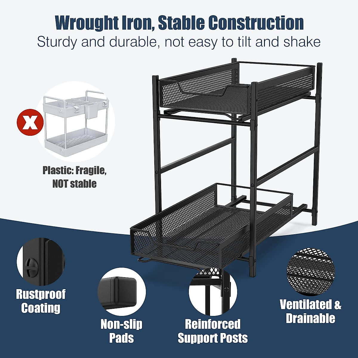 Housolution Under Sink Organizer and Storage, 2 Tier Metal Slide Out Under Cabinet Organizer with Stoppable Drawer, Height Adjustable Under Sink Shelf for Kitchen and Bathroom, Black