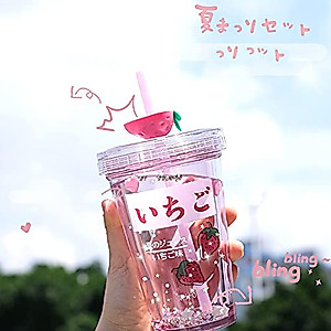 15oz Kawaiis Water Bottles with Straw Reusable Cups No Leak Water Bottle Cute Water Bottles Insulated Travel Tumbler Cup Women Girls Cute Water Bottle Gifts Home School Pink