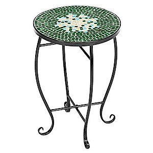 Henf Mosaic Side Table Outdoor Patio Accent Table, 14" Round Coffee Table End Table Plant Stand Decor for Porch Balcony Deck Pool