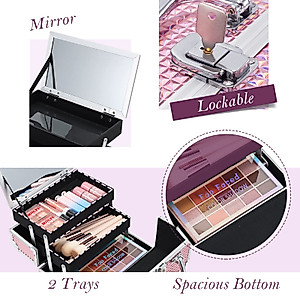 FRENESSA Makeup Train Case Cosmetic Case Organizer Portable Makeup Box 2 Trays with Lockable Mirror Makeup Storage Organizer for Girls Makeup Artist Makeup Tools Travel Makeup Case Glitter Pink
