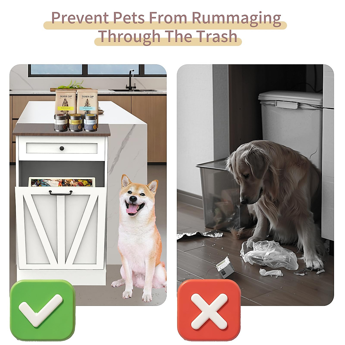 CREAWELLAY Tilt Out Trash Can Cabinet, 13 Gallon Large Hidden Kitchen Garbage Can with Storage Drawer, Farmhouse Wooden Garbage Bin Cabinet for Laundry Room, Living Room (White)