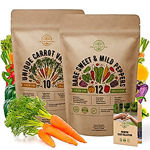 10 Carrots & 12 Rare Sweet & Mild Pepper Seeds Variety Packs Bundle Non-GMO Heirloom Seeds for Planting Indoor and Outdoor Over 4200 Carrot & Pepper Seeds in One Value Bundle
