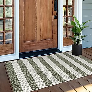 OJIA Green and White Striped Rug 24"x51" Washable Front Door Mat Hand Woven Entry Rug Cotton Indoor Outdoor Rug Small Checkered Rugs for Front Porch Kitchen Entryway Patio Bathroom