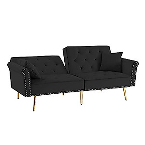 Zushule Futon Sofa Bed -Velvet Tufted Convertible Couch with 2 Pillows, Nailhead Trim, and Metal Legs- - Small Sofabed for Bedroom, Living Room, Apartment - Black with Gold Detail
