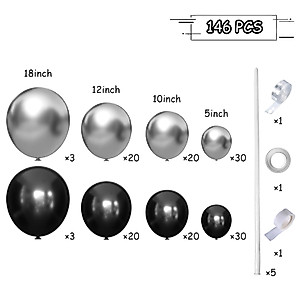 MEBAY Black Silver Balloons Garland Arch Kit, 146Pcs Latex Balloons Different Sizes 18 12 10 5 Inch for Party Decorations, Wedding Backdrop, Birthday, Graduation