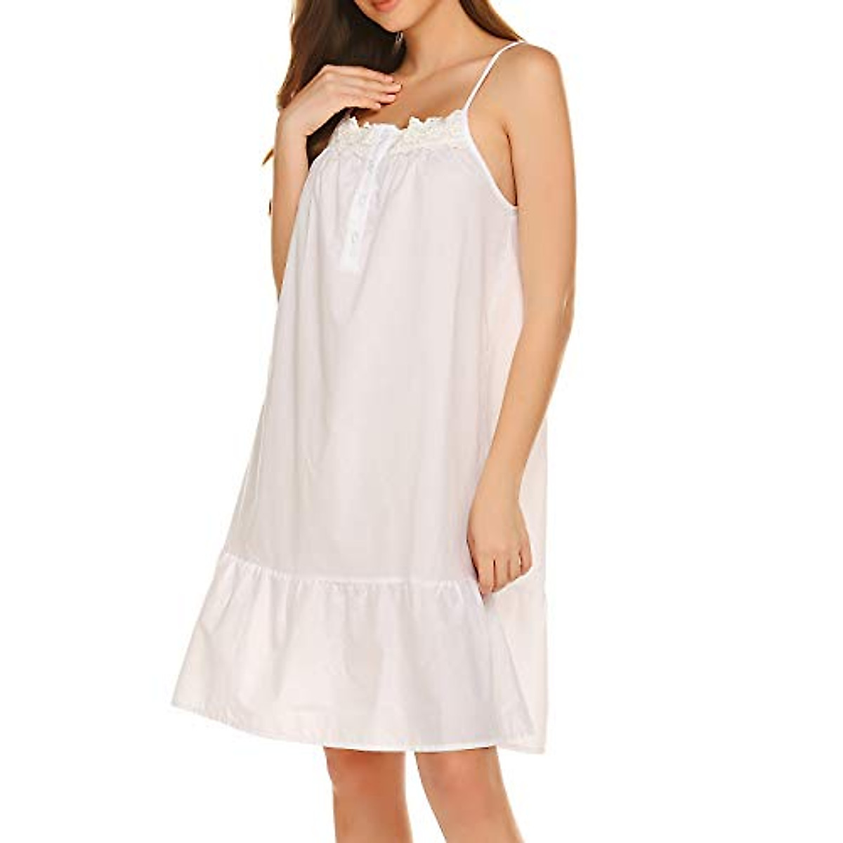 Ekouaer Womens, Lace Nightgown Nightshirt, Sleeveless, Sleepwear, Cotton Pajamas Sleep Dress, A-candy_white, X-Large