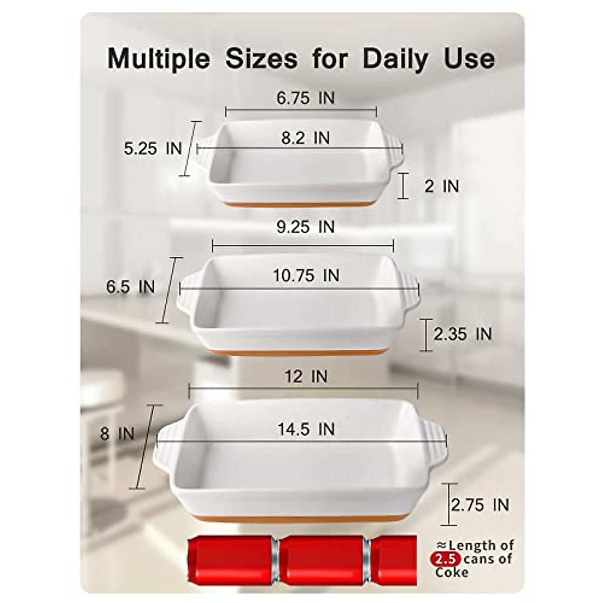 YMASINS Casserole Dishes for Oven, Ceramic Baking Dish Set of 3 Deep Lasagna Pans Large Ceramic Baking Pan with Handles from Oven to Table Rectangular Casserole Dish Set Easy to Clean, White