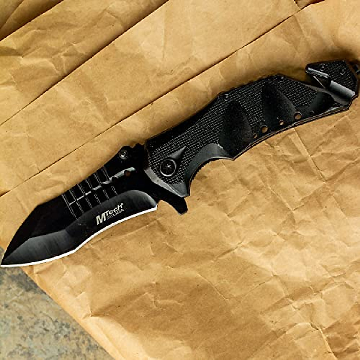 MTech USA – Spring Assisted Folding Knife – Black Stainless Steel Blade and Black Aluminum Handle with Rope Cutter, Glass Punch and Pocket Clip - Hunting, Camping, Survival, Tactical, EDC – MT-A845BK