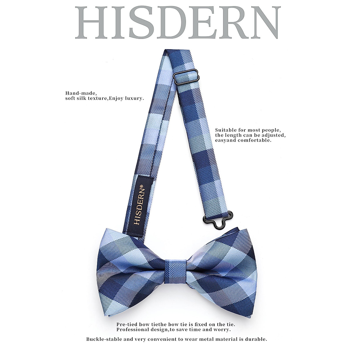 HISDERN Bow Ties for Men Plaid Blue Mens Bowtie Pretied Classic Satin Formal Business Bow Tie Adjustable Tuxedo Bowties for Wedding Party