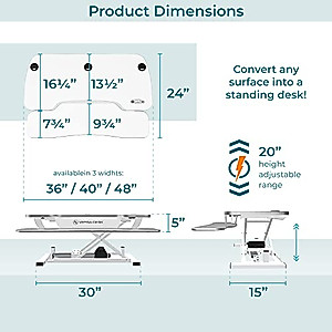 VERSADESK® PowerPro Elite 48” x 24" – App Controlled X-Large Electric Standing Desk Converter w/USB Charging Port. Raises up to 20”. Fully Assembled – Includes LED Lights. Supports 80 lbs. – White