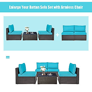 DORTALA 2 Piece Wicker Sectional Armless Chairs, Outdoor Rattan Sectional Sofa Set w/Cushions for Seat and Back, Additional Seats for Garden Balcony Patio Poolside, Turquoise