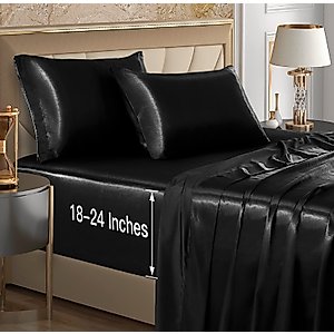VACVELT 4pcs Extra Deep Pocket Satin Sheets Queen Size Bed Set, Black Satin Sheet Set Fit 18-24 Inch Deep Pocket Mattress, Silky & Luxury Satin Bedding Set Soft & Ultra Deep Fitted Sheet Set