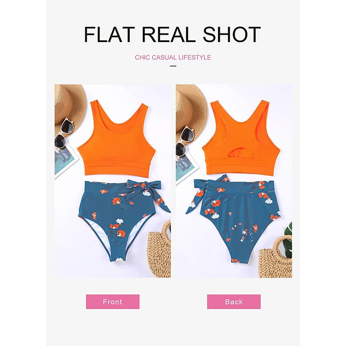 Dokotoo Womens 2 Piece Swimsuit Scoop Neck Sleeveless Racerback Tummy Control High Waisted Tie Knot Flattering Bathing Suits Long Lined Floral Bikini Orange Large