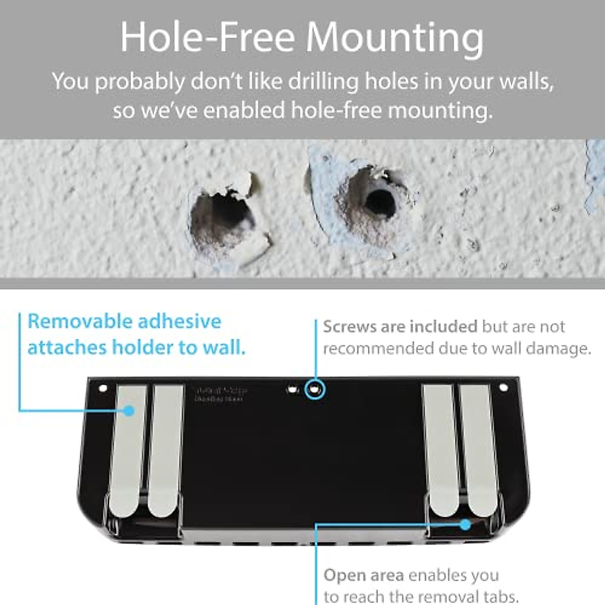 TotalMount Hole-Free Remote Holder – Eliminates the Need to Drill Holes in Your Wall (Premium Black Remote Control Holder for 5 or 6 Remotes)