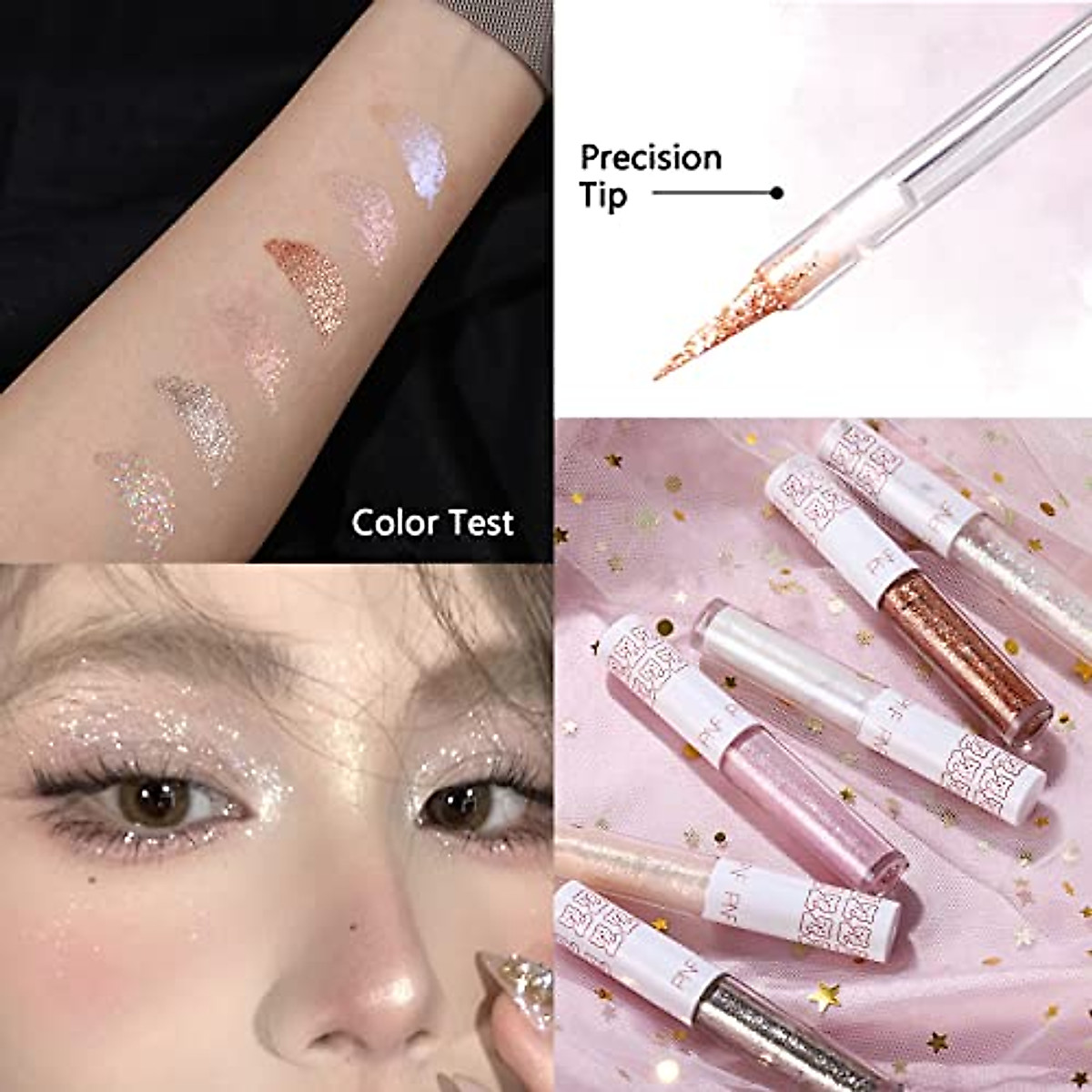 6Pcs Liquid Glitter Eyeshadow Eyeliner, Korean Makeup, Bling Under Eye Shadow, Shimmer Metallic Eye Make Up Set, Long Lasting, Quick Drying and Pigmented Loose Glitter Glue for Crystals Eye Makeup