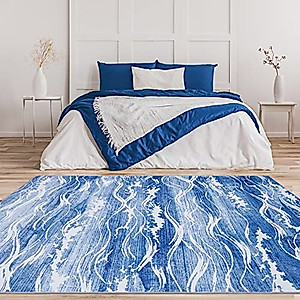RUGSREAL Throw Area Rug 4x6 Indoor Outdoor Washable Rug Non Slip Low Pile Rug Non-Shedding Ocean Wave Pattern Carpet for Living Room Bedroom Kitchen Home Decor, 4' x 6' Blue
