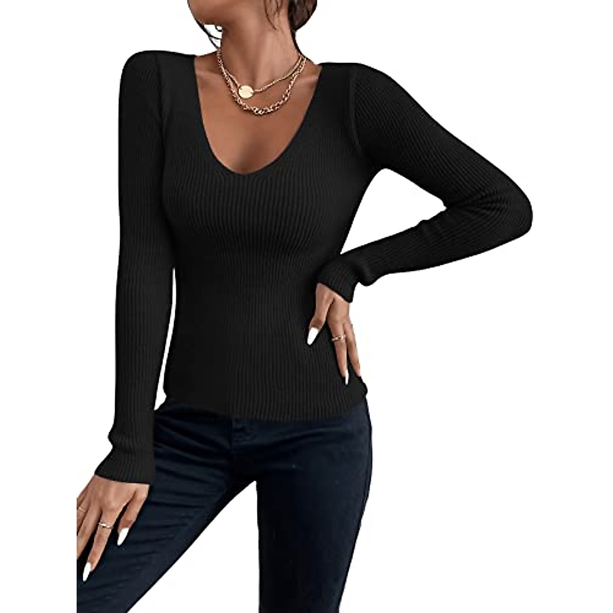 SweatyRocks Women's Casual Long Sleeve V Neck Top Solid Ribbed Knit Pullover Sweater Black S