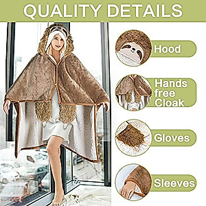 Sloth Wearable Hooded Blanket for Adults - Super Soft Warm Cozy Plush Flannel Fleece & Sherpa Hoodie Throw Cloak Wrap - Sloth Gifts for Women Adults and Kids (Brown)