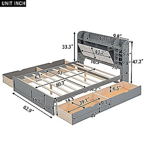 DNYN Queen Size Platform Bed with Storage Shelves & 4 Drawers & Upholstery Headboard Design,Multifunctional Wooden Bedframe w/Wood Slat Support,Super Save Space,Perfect for Bedroom,Guest Room, Gray