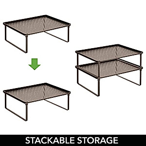 mDesign Metal Kitchen Shelf Organizer Rack - Stacker Storage Risers for Cabinet, Counter, Cupboard, or Pantry - Holder Stand for Plates, Dishes, Cups, Bowl, and Glasses - 2 Pack - Bronze