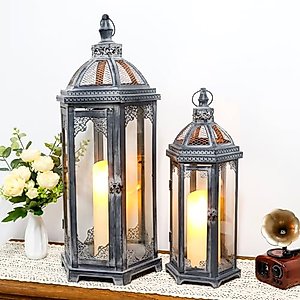 Set of 2 Outdoor Lantern 24.5"&18" High Decorative Candle Lanterns Metal Candle Holder with Tempered Glass Fall Decorations for Home Garden Patio Living Room Indoor Home Yard Hallway Doorway(Grey)