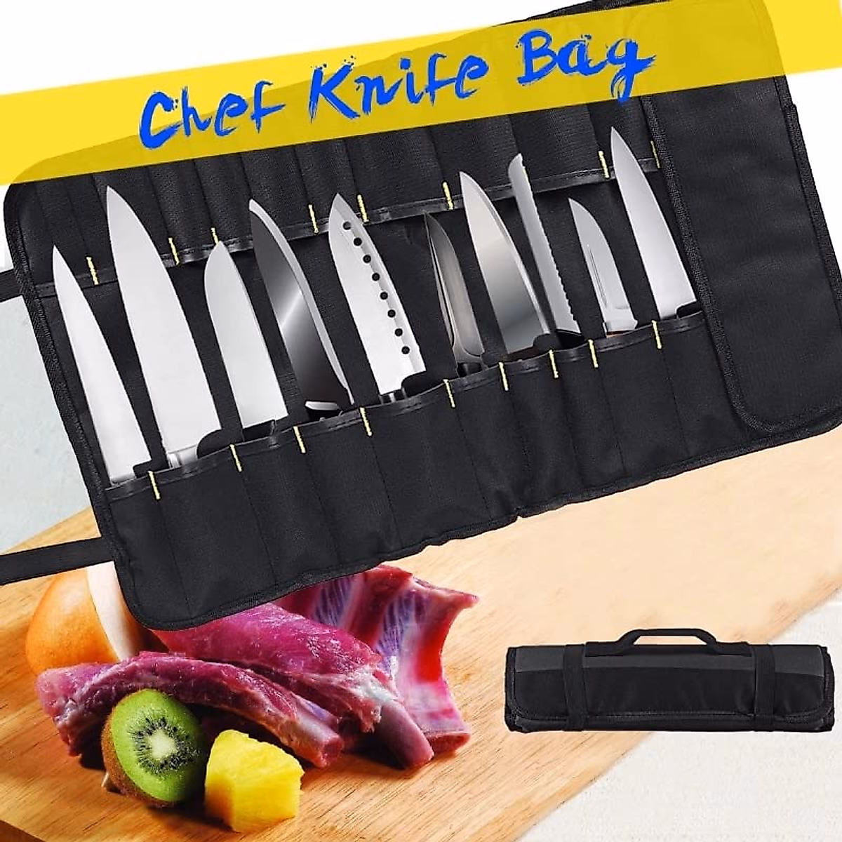 22 Pockets Chef Knife Bag Roll Carry Case Kitchen Portable Durable Storage, Black, 58 cm x 35.3 cm