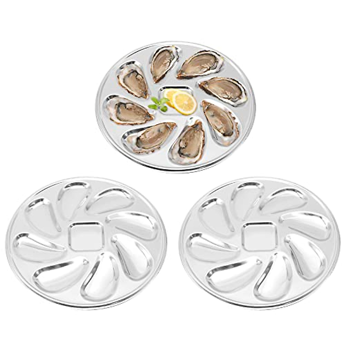 UOIENRT 3 Pack Oyster Plate, Stainless Steel 8 Slots Oyster Grill Pan with Center Slot Multi-Functional Grill Pan for Oysters and Scallop, Sauce and Lemon(Silver)