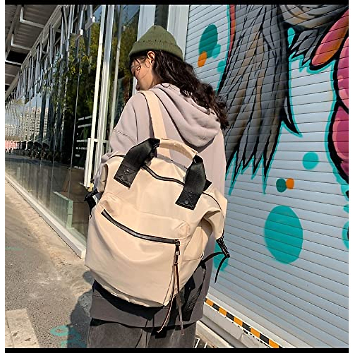 HACODAN Harajuku Grunge Aesthetic Backpack Tote Bag, Women Men Girls Schoolbag Large Back to School (beige)