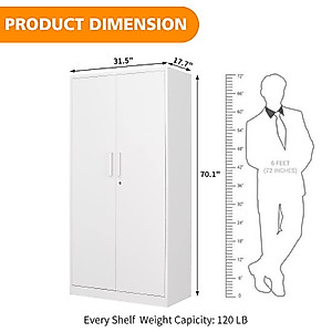 MIIIKO Steel Wardrobe Cabinet with 2 Doors, White Metal Locker Cabinet for Storage with Hanging Rod and 4 Shelves, Lockable Metal Closet Cabinet for Bedroom, Cloakroom and Home Office