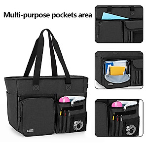 Trunab Teacher Tote Bag, Teacher Work Bag with Multiple Pocket and Padded Compartment for up to 15.6”Laptop, Zip Top Utility Carrying Bag for Working Women, Travel, Office, Business, Black
