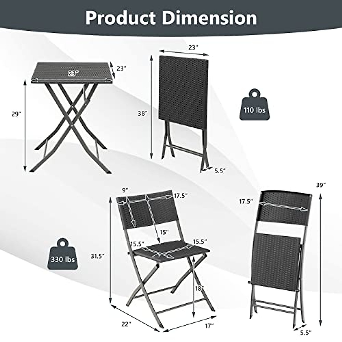 Tangkula 3 Piece Patio Bistro Set, Folding Wicker Chairs & Table Set, Solid Metal Frame, Outdoor Patio Furniture Set for Garden, Front Porch, Poolside, No Assembly Needs (Black)