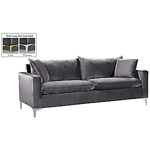 Meridian Furniture Naomi Collection Sofa With Stainless 1 Modern | Contemporary Velvet Upholstered Stainless Steel Base in a Rich Gold or Chrome Finish, Grey