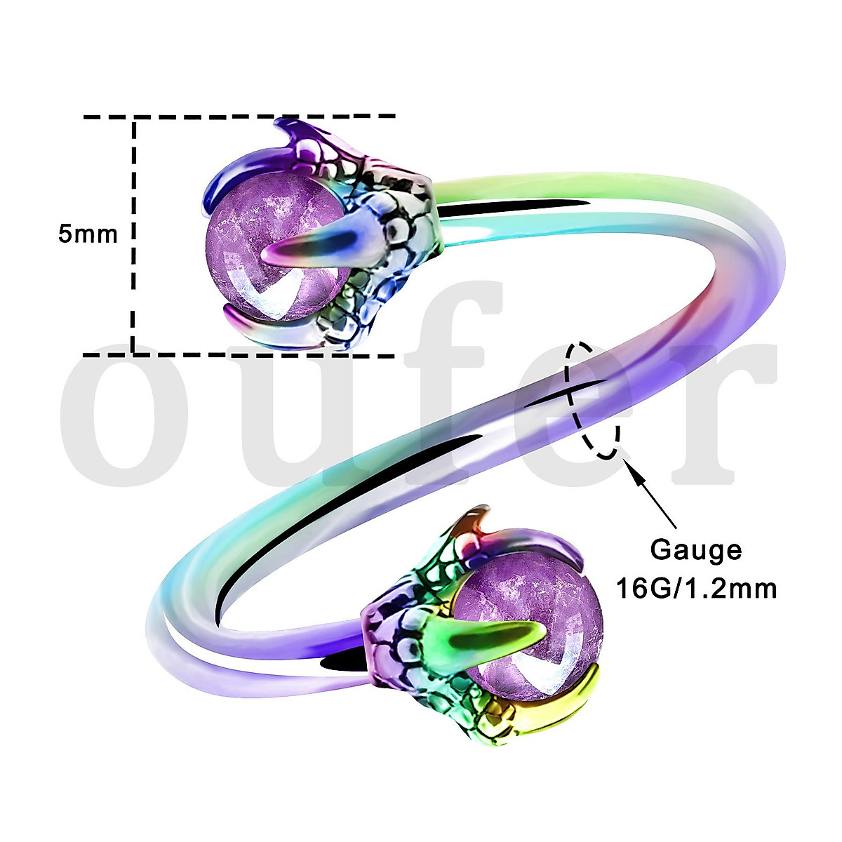 OUFER Twist Helix Earring 316L Stainless Steel Dragon Claw with Opalite Center 16G Twist Lip Labret Cartilage Upper Lobe Piercing Jewelry