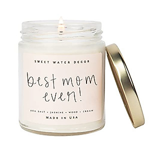 Sweet Water Decor, Best Mom Ever, Sea Salt, Jasmine, Cream, and Wood Scented Soy Wax Candle for Home | 9oz Clear Jar, 40 Hour Burn Time, Made in the USA
