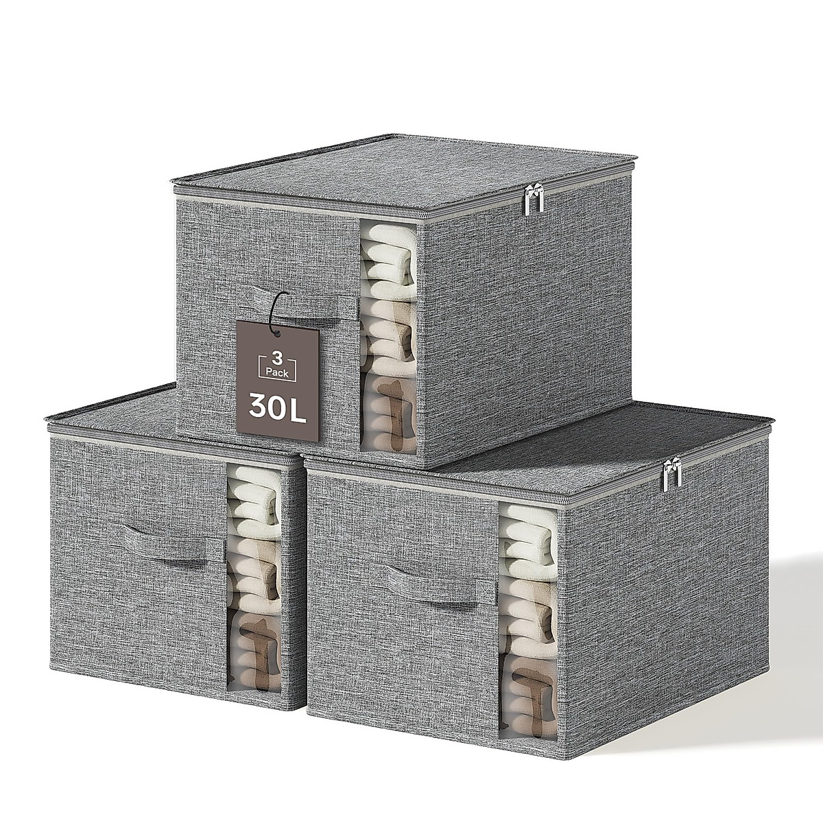 KitHero Clothes Storage Bins with Sturdy Frames, Foldable Fabric Clothing Organizer Box for Moving, Sweater Storage Cube with Lids and Zipper, Linen Closet Storage Bags for Blankets, Clothes, Sheet