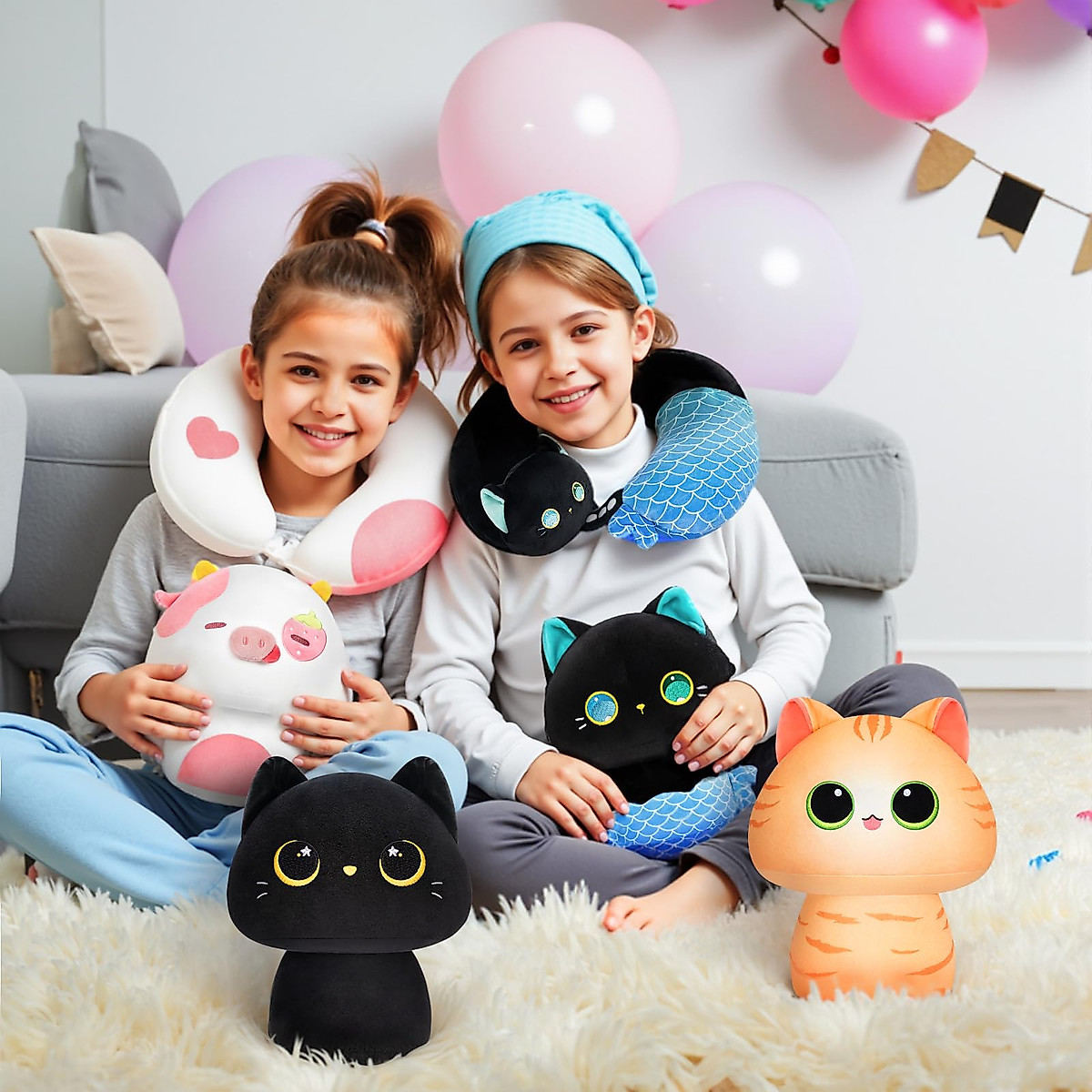 Mewaii Kids Travel Pillow, Cute Strawberry Cow Stuffed Animal Neck Pillow for Kids & Adults, Reversible Plush Squishy 2-in-1 Travel Plush Pillow for Airplane, Car, Train