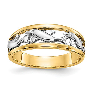 Size 8 - Solid 14k Yellow and White Gold Two Tone Dolphin Ring (6mm)