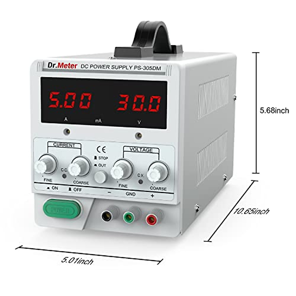 Dr.meter DC Power Supply, 30V 5A Adjustable Switching Regulated DC Bench Linear Power Supply with Alligator Leads and 3 LED Digital Display, Variable Power Supply with US 3-Prong Cable