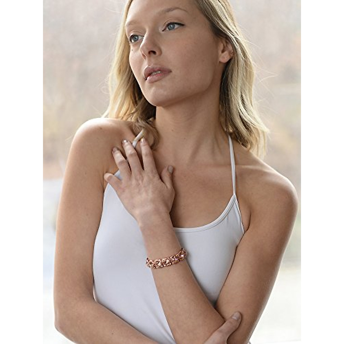 Mariell Pink Rose Gold Crystal Stretch Bracelet, Adjustable Bangle for Weddings, Prom, Bridesmaids, Gift