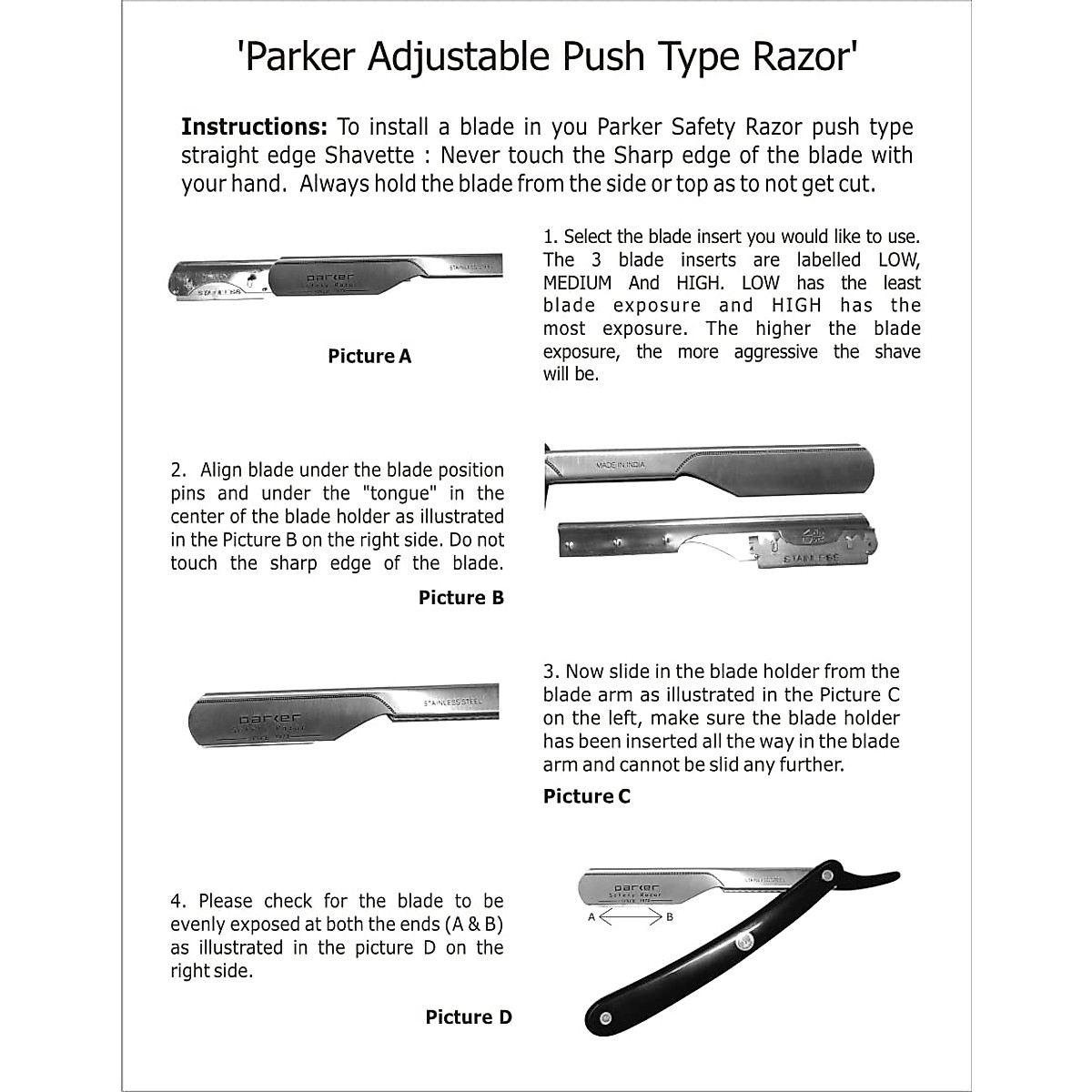 Parker ADJUSTABLE Stainless Steel Black Handle Straight Barber Razor - Customize your Shave with 3 Different Blade Inserts - 5 Parker Razor Blades Included