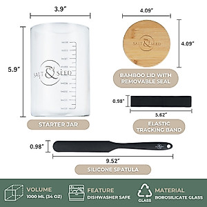 Essential Sourdough Starter Jar Kit (34 oz.) - Sourdough Jar Wide Mouth with Black Silicone Spatula, Elastic Tracking Band, and Bamboo Lid- Sourdough Kit - Sourdough Starter Kit Beginners