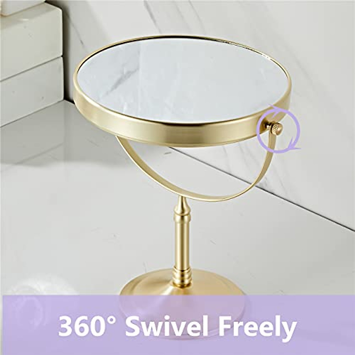 HIHIA Brushed Gold Makeup Mirror Tabletop, Double-Side 1X-10X, Freestanding 360 Swivel Cosmetic Vanity Mirror for Table Desk, Made of Copper， No Light Brushed Gold (8 Inch, 10X)