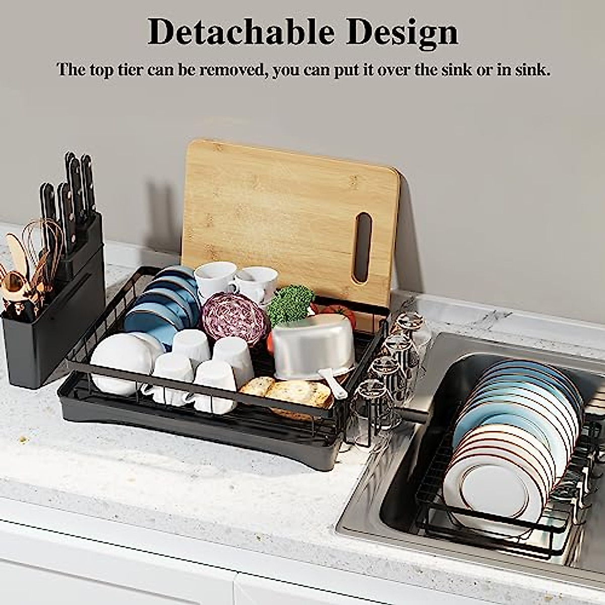 Iwaiting Outdoor Dish Drying Rack, 2 Tier Dish Dryer Rack for More Space Saving, Large Dish Rack with Sink Drainer, Durable Metal Dishrack Set, Dish Racks for Kitchen Counter Black