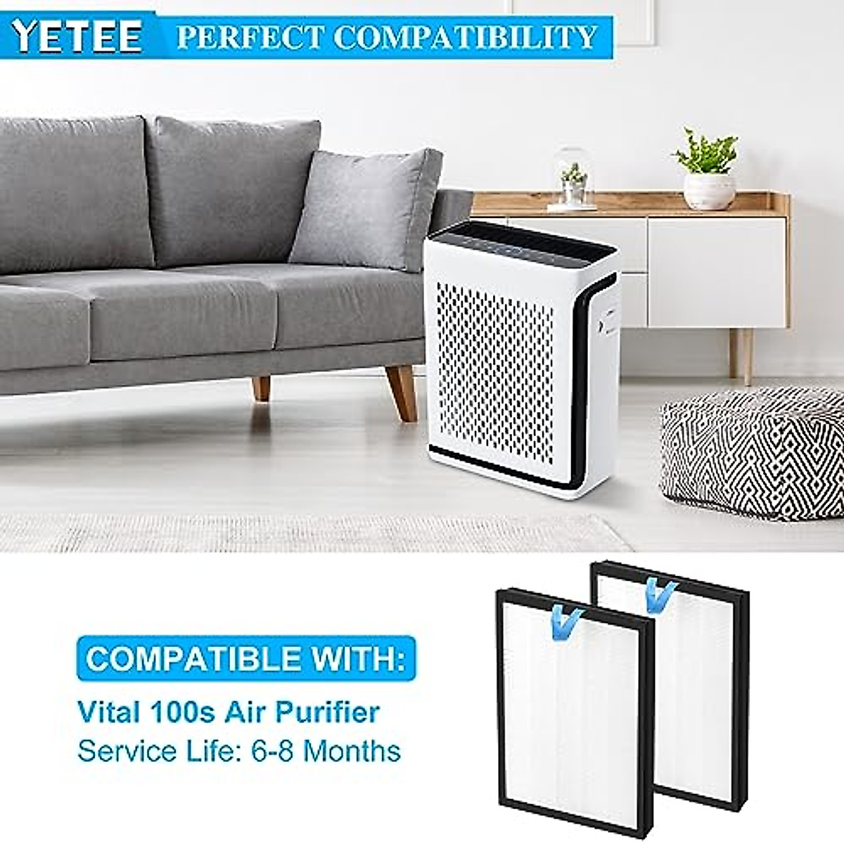 2 Pack Vital 100S Filter Rplacement Compatible with LEVOIT Vital 100S Air Puri-fier, 3-in-1 H13 Grade Smart True HEPA Rplacement Filter, Vital 100S-RF