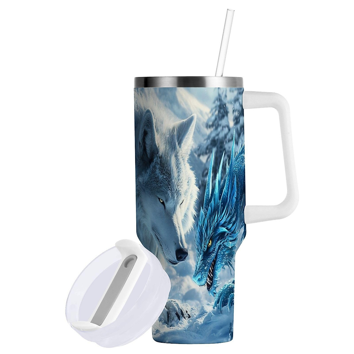 ODAWA Wolf Dragon White Tumbler Cup Reusable Tumbler with Straw Ice Coffee Cups