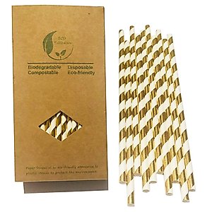 Glistening Gold Striped Paper Straws for Cake Pops Sticks, 100 PCS Disposable Drinking Paper Straw for Wedding Decorate, Glittering Color